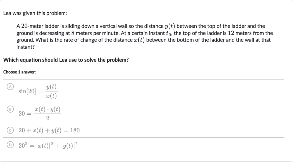 (Solved)-Lea was given this problem: A 20-meter ladder is sliding dow