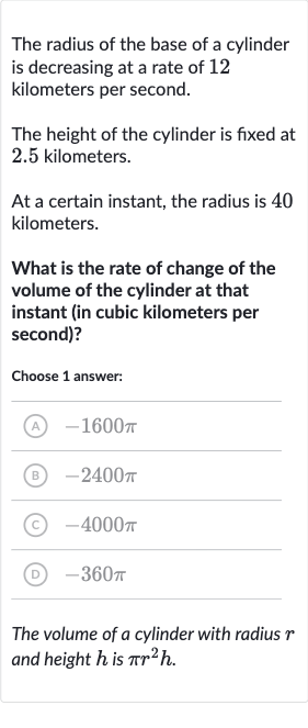 (Solved)-The radius of the base of a cylinder is decreasing at a rate