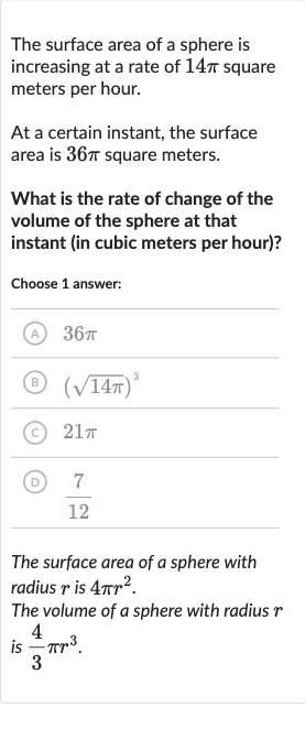 (Solved)-The surface area of a sphere is increasing at a rate of 14