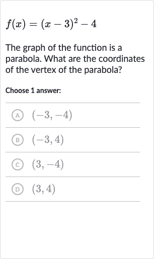 (Solved)-f(x)=(x-3)^(2)-4 The graph of the function is a parabola. Wh